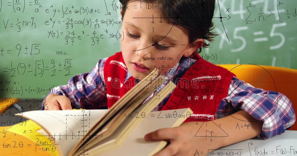 Image of Math Formulas Over Focused Caucasian Boy Learning at School ...