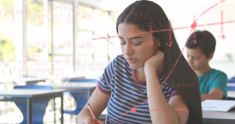 Image of Math Formulas Over Hispanic Girl Learning at School Stock ...