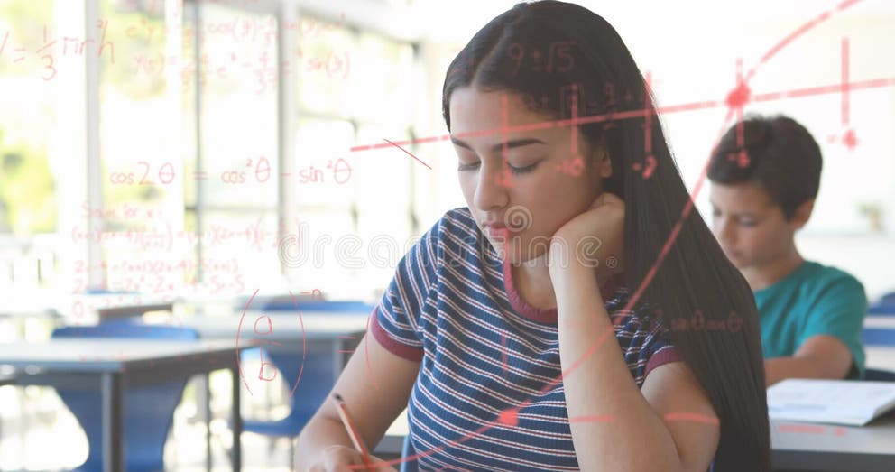 Image of Math Formulas Over Hispanic Girl Learning at School Stock ...