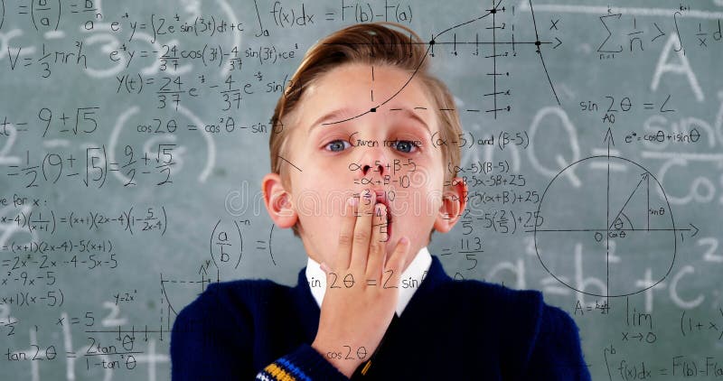 Image of Math Formulas Over Scared Caucasian Boy Over Blackboard Stock ...