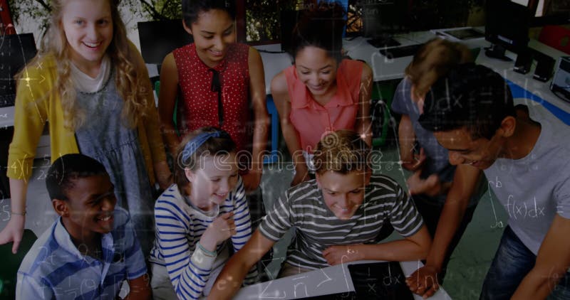 Image of Mathematical Drawings Over Smiling Students Using Computer ...