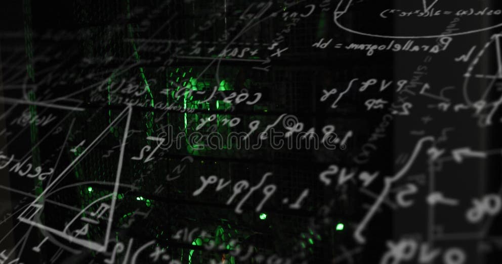 Image of Mathematical Equation and Diagrams Against Illuminated Server Rack in Server Room Stock ...