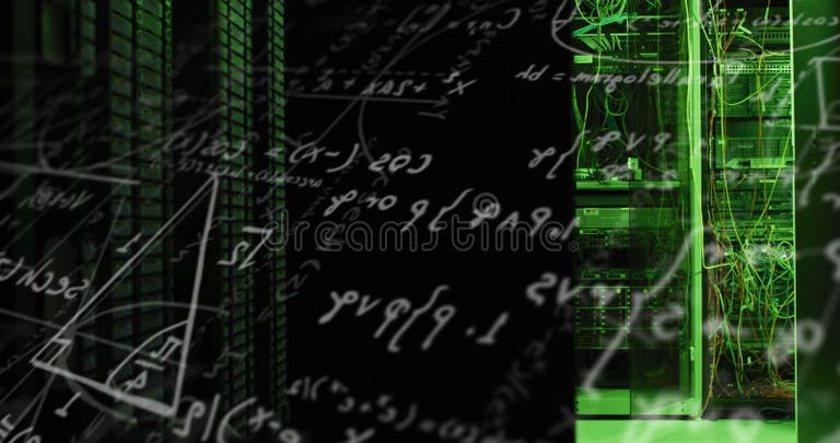 Image of Mathematical Equation and Diagrams Against Illuminated Server Rack in Server Room Stock ...