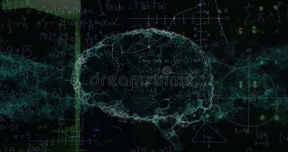 Image of Mathematical Equations and Digital Brain Over Server Room ...