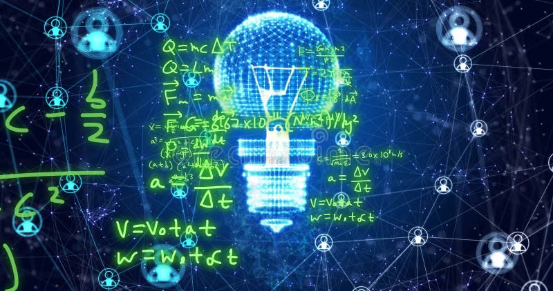 Image of Mathematical Equations and Icons Over Light Bulb and Networks ...
