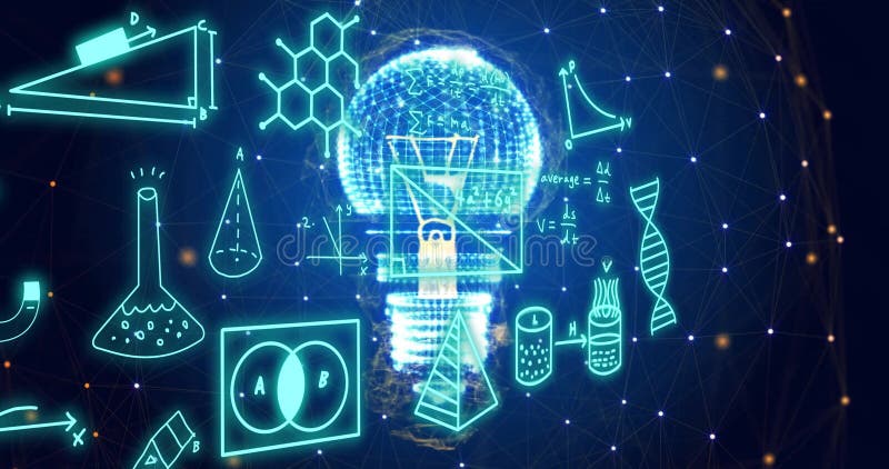 Image of Mathematical Equations and Icons Over Light Bulb and Networks ...
