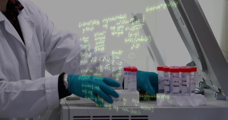 Image of Mathematical Equations Over Caucasian Doctor with Test Tubes ...