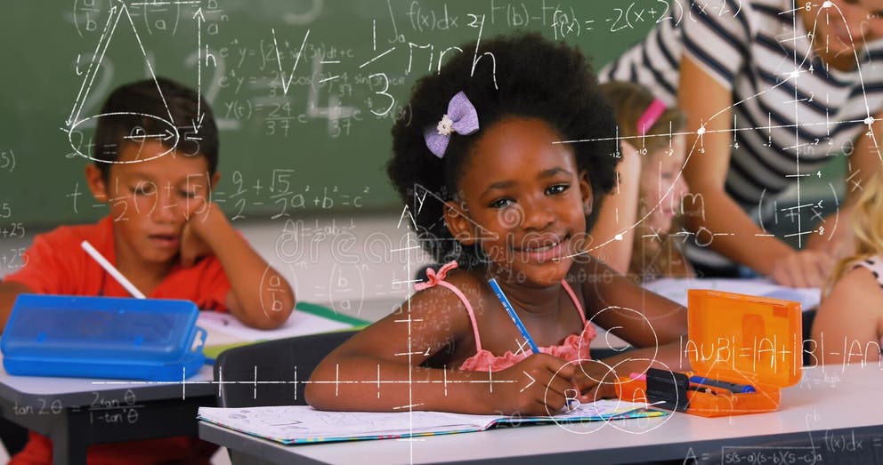 Image of Mathematical Equations Over Diverse School Children Writing ...