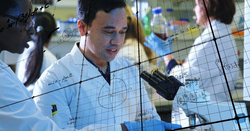 Image of Interference and Dna Strand Over Caucasian Scientist in Lab ...