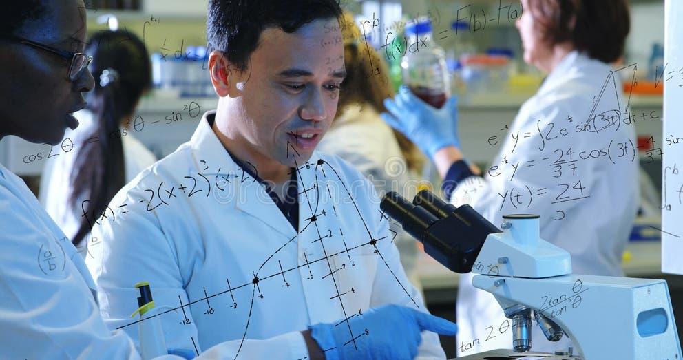 Image of Mathematical Equations Over Group of Diverse Scientists in Lab ...