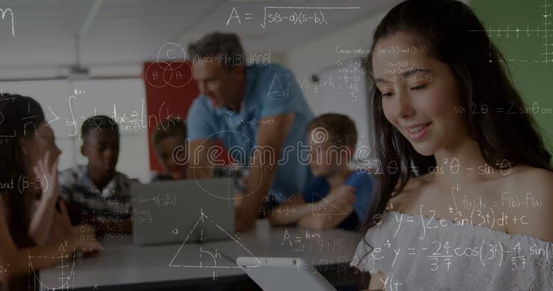 Image of Mathematical Equations Over School Children Using Laptop and ...