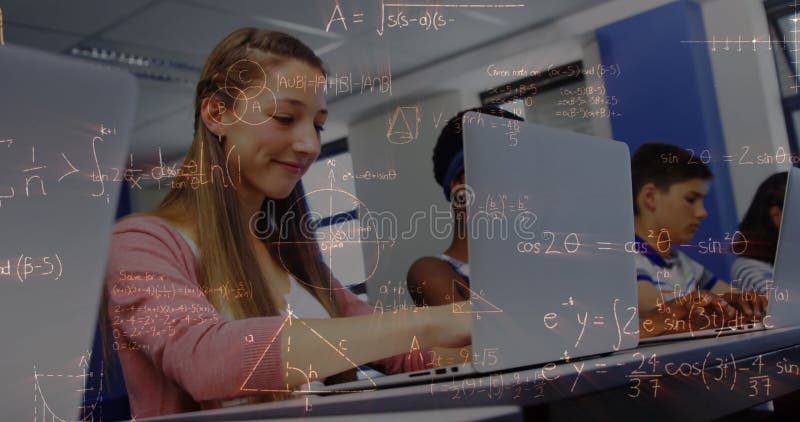 Image of Mathematical Equations Over Schoolchildren Using Laptop Stock ...
