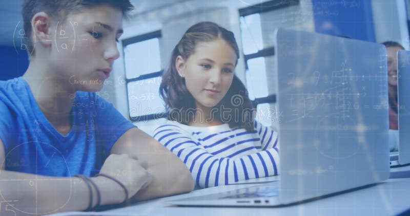 Image of Mathematical Formulas Over Students Using Computers Stock ...