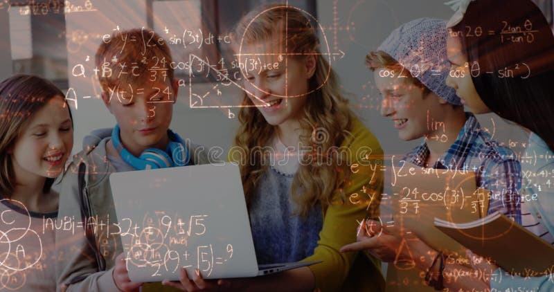 Image of Mathematical Formulas Over Students Using Computers Stock ...