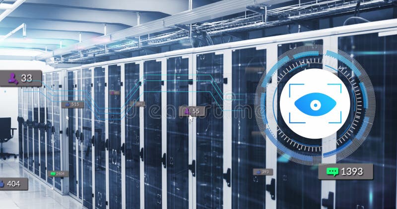 Image of Media and Eye Icons Over Server Room Stock Illustration ...