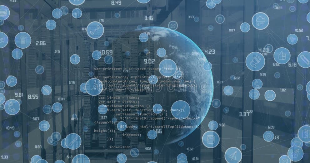 Image of Media Hubs and Globe Over Processing Data and Server Room ...