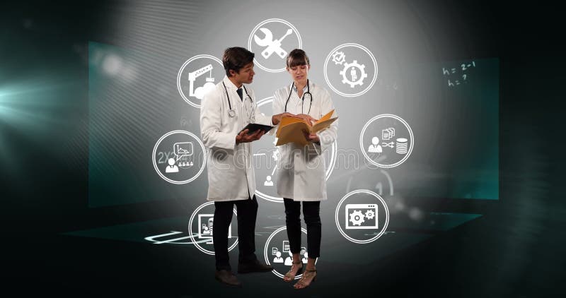 Image of Media Icons Over Caucasian Doctors Talking Stock Illustration ...