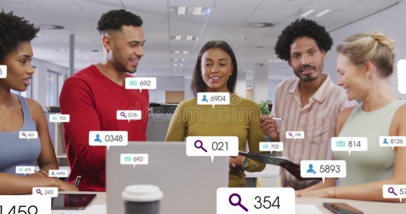 Image of Media Icons Over Diverse Business People Discussing Work Stock ...