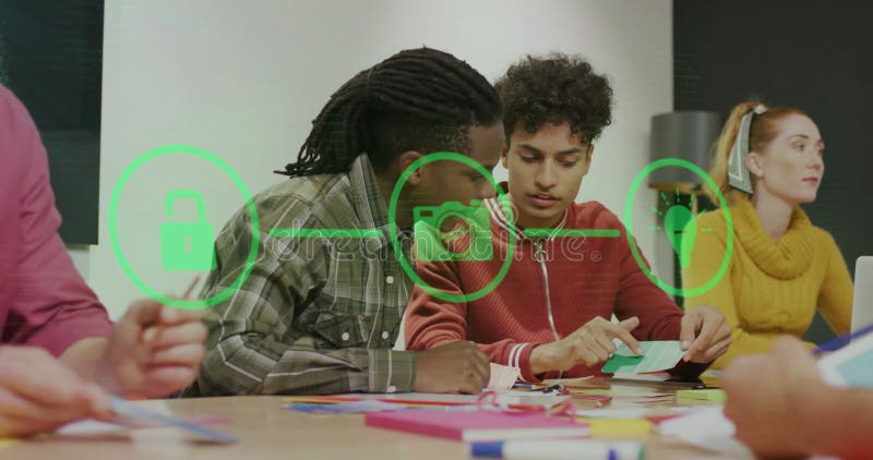 Image of Media Icons Over Diverse Business People Discussing Work Stock ...