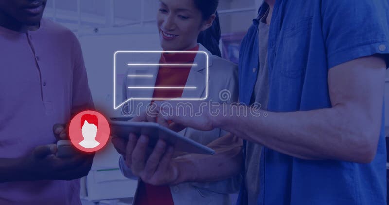 Image of Media Icons Over Diverse Business People Discussing Work Stock ...