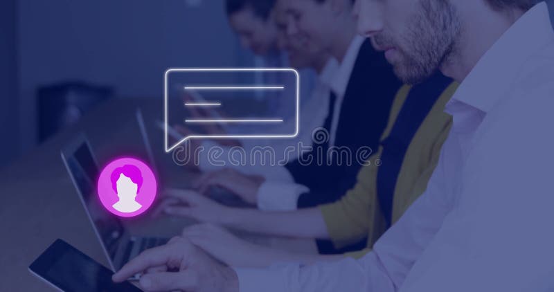 Image of Media Icons Over Diverse Business People Using Tablets Stock ...