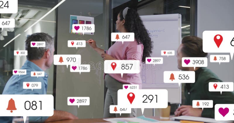 Image of Media Icons Over Diverse Colleagues Discussing Work Stock ...