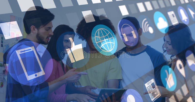Image of Media Icons Over Diverse Friends Using Tablet Stock ...