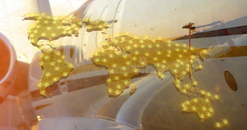 Image of Media Icons and World Map Over Plane Stock Illustration ...