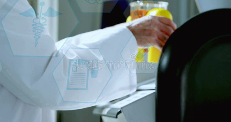 Image of Medical Icons Over Caucasian Scientist Doing Experiment in Lab ...