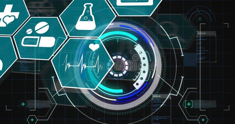 Image of Medical Icons Over Scope Scanning and Data Processing on Black ...