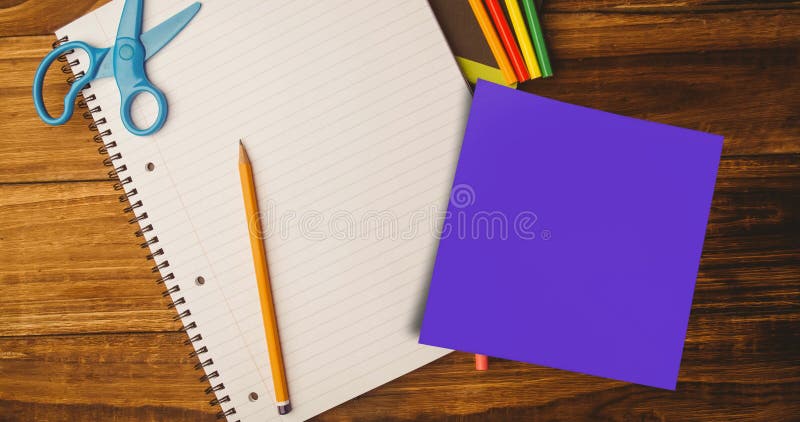 Image of Memo Note with Copy Space Over Notebook and Pencils on Desk ...