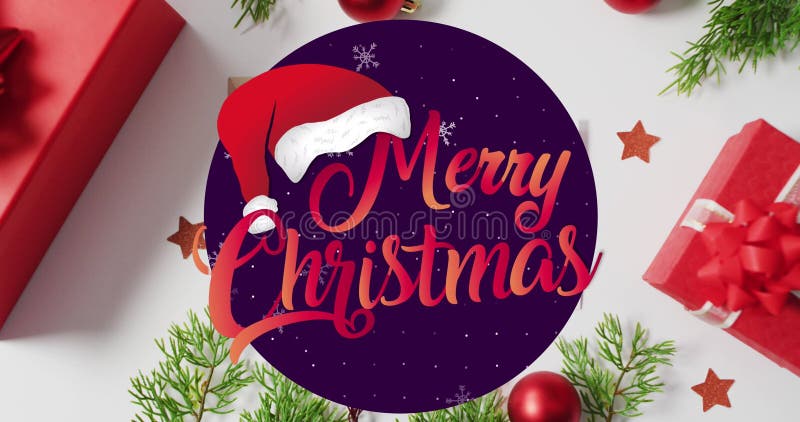 Image of Merry Christmas Text Over Christmas Decorations and Envelopes ...