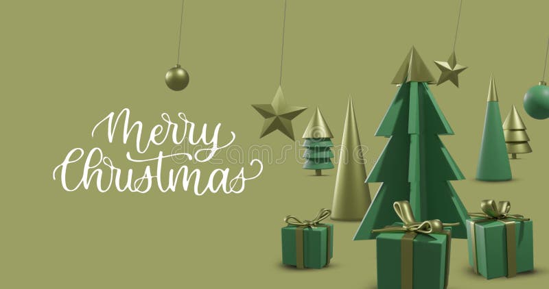 Image of Merry Christmas Text Over Christmas Decorations on Yellow ...