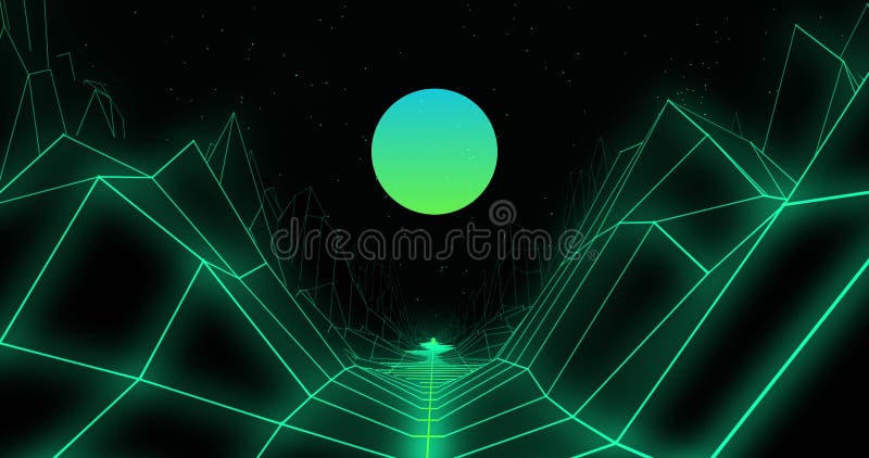 Image of Metaverse with Digital Sun and Mountains on Black Background ...