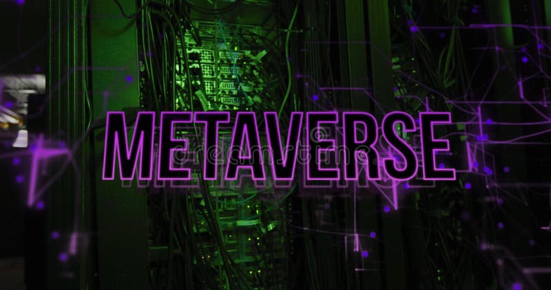 Image of Metaverse Text and Network of Connections Over Server Room ...