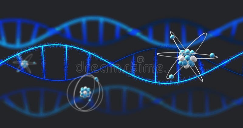 Image of Micro of Atom Models and Dna Strands Over Black Background ...