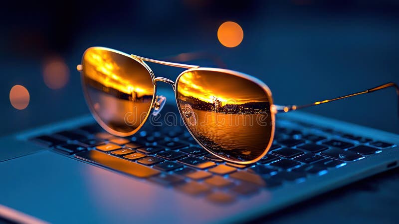 Midnight Reflections: Laptop and Sunglasses in Ambient Light Stock ...