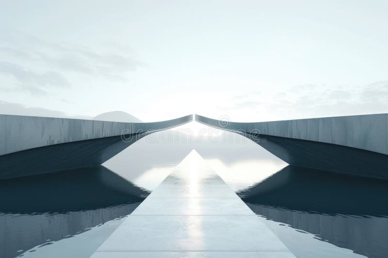 Minimalist Architectural Building or Bridge Surrounded with Calm River ...