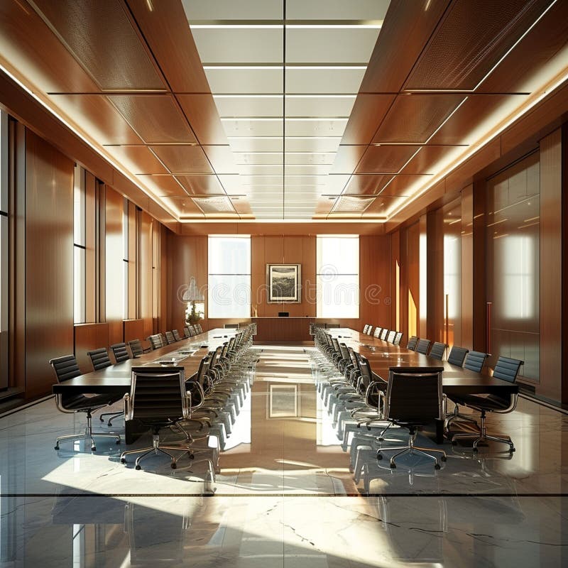 Modern Boardroom with Wooden Paneling and Large Windows Stock ...