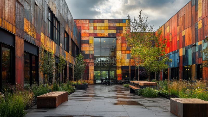 Colorful Modern Building Courtyard with Benches Outside. Stock Image ...