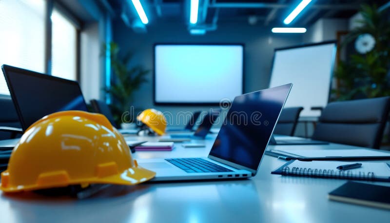 Modern Conference Room with Laptops and Hard Hats: Construction Meeting ...