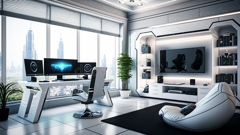A Futuristic Style Home Work with a High-tech Computer, Generative Ai ...