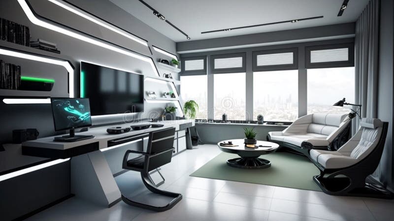 A Futuristic Style Home Work with a High-tech Computer, Generative Ai ...