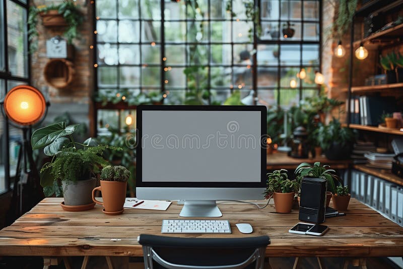 Modern Desktop Computer Workspace in an Industrial Loft Stock Photo ...