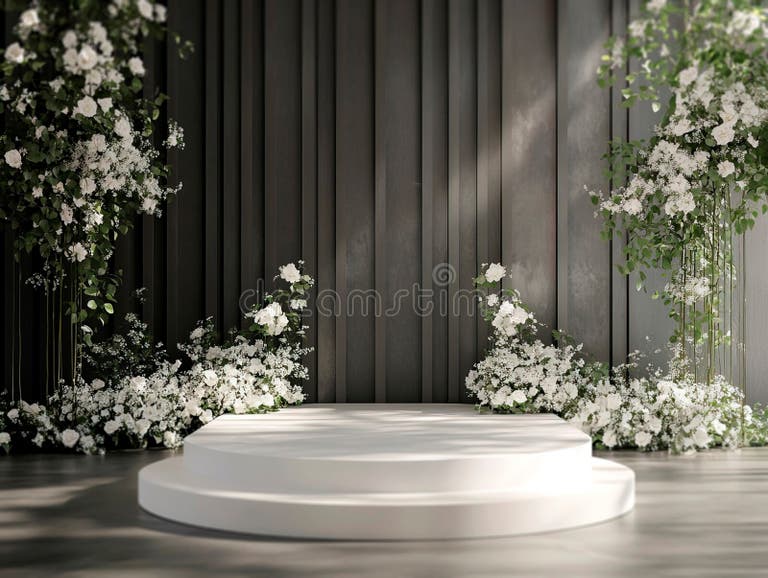 Image of a Modern, Elevated Stage Surrounded by Lush Greenery and White ...