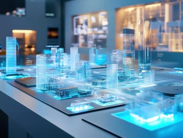 An Image of a Modern, High-tech Room with a Table Featuring a 3D City ...