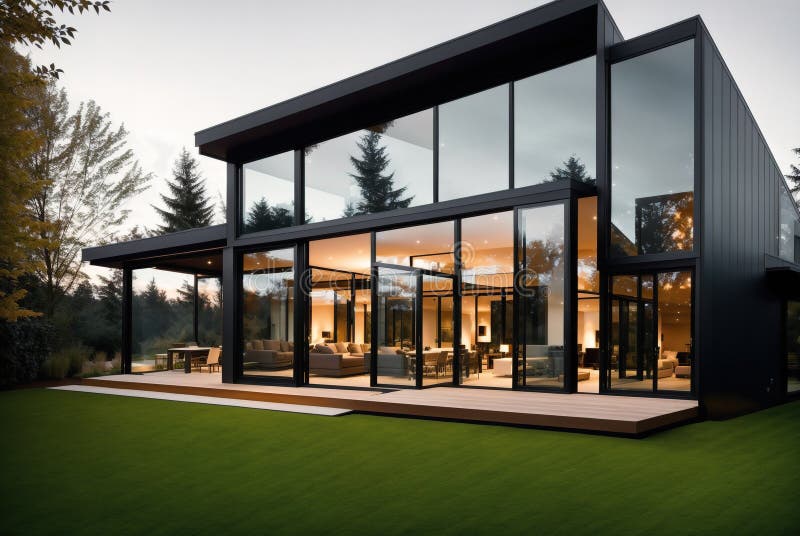 An Image of a Modern House with Large Windows and a Glass Facade. Stock ...