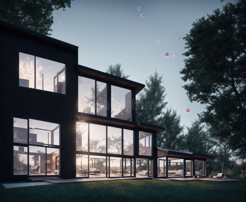 An Image of a Modern House with Large Windows and a Spacious Backyard ...