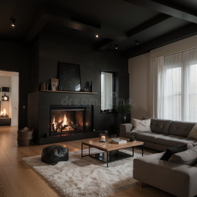 Modern Interior with Wooden Wall Ceiling and Black Stone Fireplace ...