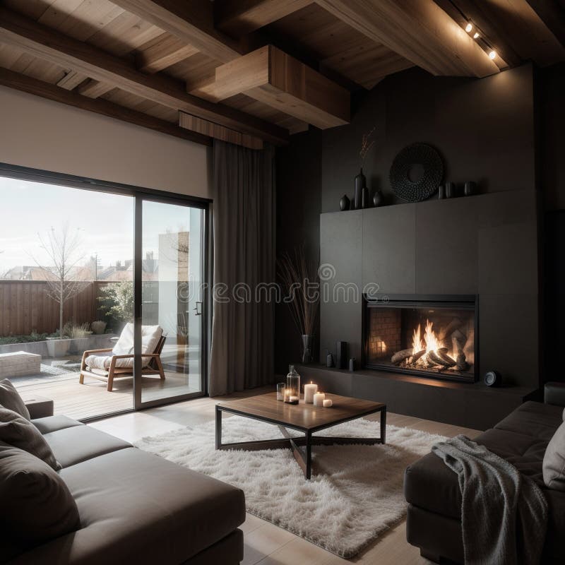 Modern Interior with Wooden Wall Ceiling and Black Stone Fireplace ...